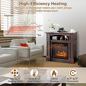 COSTWAY 32-inch Electric Fireplace with Mantel, 1400W Adjustable Freestanding Heater with Remote Control, Thermostat Design, 6H Timer, 3D Flame Brightness, Mantel Fireplace for Living Room, Brown