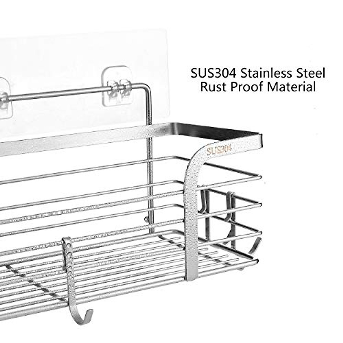 N+A Shower Caddy Kitchen Caddies Shelves Basket Bathroom Adhesive Storage Shelf No Drilling SUS304 Stainless Steel Toilet Shell with 3 Moveable Hooks for Hanging Razor Sponge