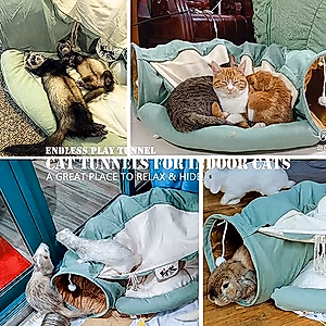 Kimruule Cat Tunnels for Indoor Cats, 2-in-1 Cat Tunnel Bed with Cat Toys Collapsible Cat Tunnel Tubes Toys with Removable Mat for Cats Kittens Ferret Rabbits Bunnies (Green)