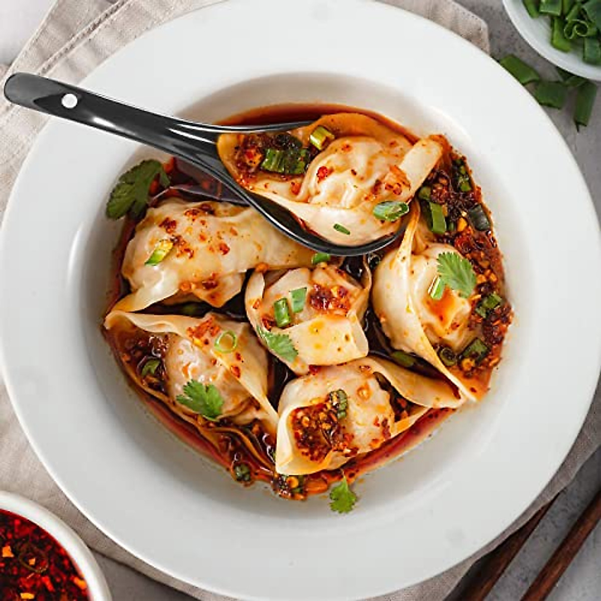 Wareland Asian Soup Spoon Set of 6, 6.75 inch Ultra-fine Ceramic Chinese Soup Spoons, Black Japanese Soup Spoon for Cereal Stews Ramen Pho Wonton Dumpling Miso, Deep Oval Hook Design, Dishwasher Safe