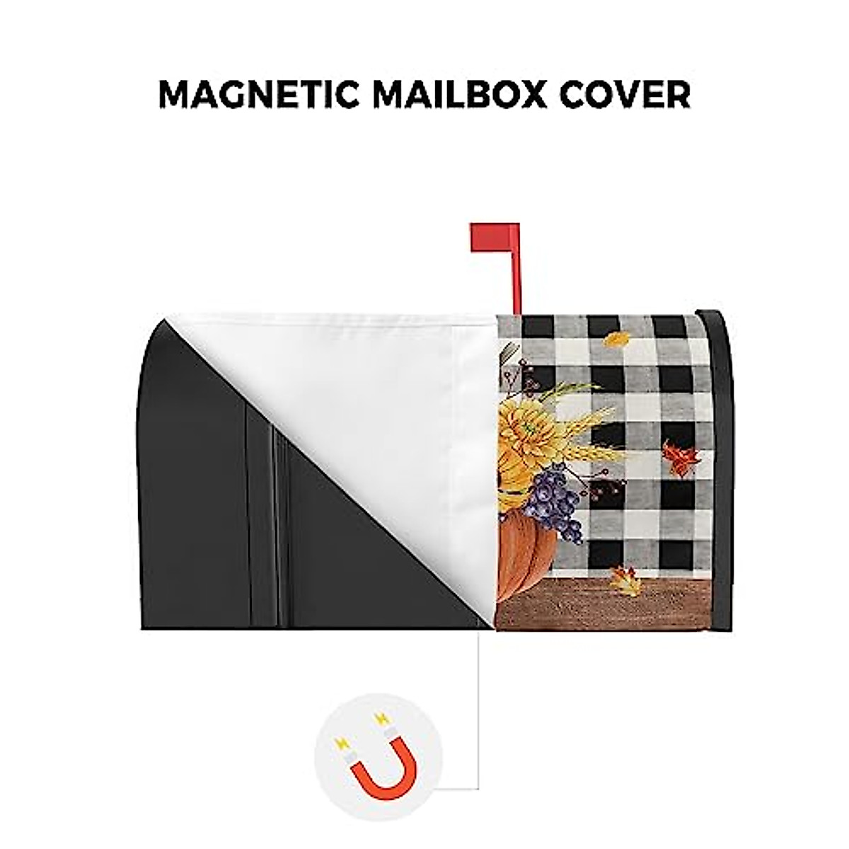 Pumpkin Buffalo Plaid Mailbox Cover Magnetic Thanksgiving Pumpkin with Sunflowers Black Plaid Post Box Cover Waterproof Mailbox Wraps for Farmhouse Outdoor Garden Home Decor Standard Size 21 X 18in