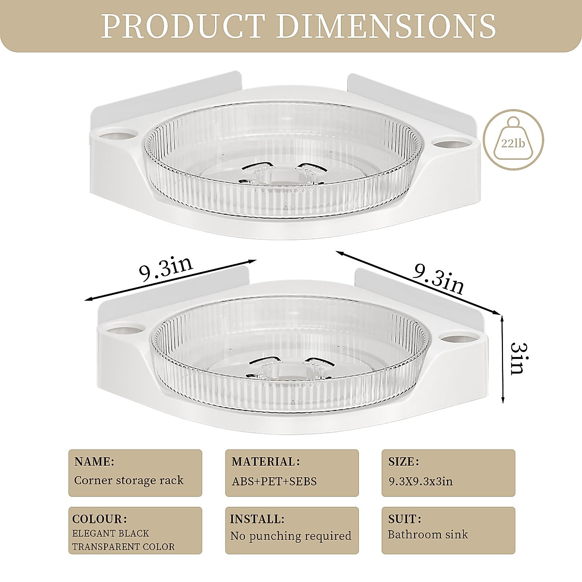 Weidace Corner Shower Caddy, 2 Pack Rotation Shower Organizer, Corner Shower Shelf with 2 Hooks, Adhesive No Drilling Wall Mounted Shelves for Bathroom, Kitchen (Transparent)