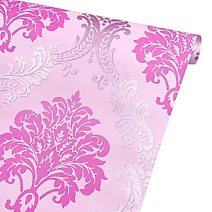 Yifasy Damask Wallpaper 19.7 ft Roll Revamp Dining Table Storage Bins Wall Furniture Decor Paper Pink Shelf Dresser Liner (M-236x17.7 Inch)