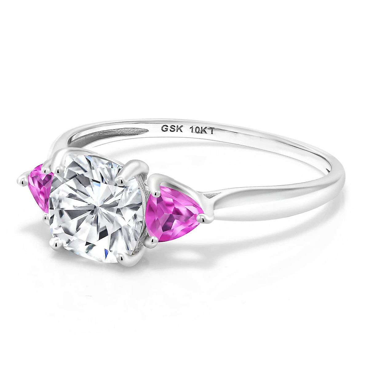 Gem Stone King 10K White Gold White Moissanite and Pink Created Sapphire 3-Stone Engagement Ring For Women (2.30 Cttw, 7MM Cushion and 4MM Trillion, Available In Size 5, 6, 7, 8, 9)