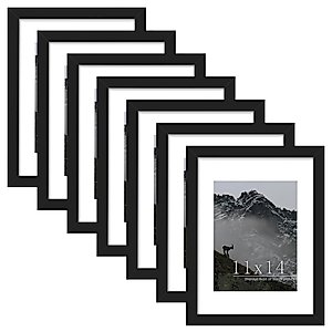 Picrit 11x14 Picture Frame Set of 7, Display 8 x 10 with Mat or 11 x 14 Without Mat, Photo Frames for Wall Mounting or Table Top Display, Black.