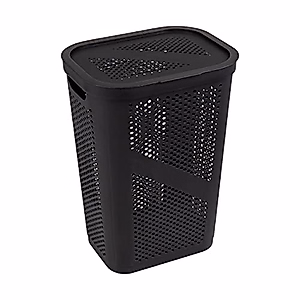 Mind Reader Basket Collection, Slim Laundry Hamper, 60 Liter (15g/33lbs) Capacity, Cut Out Handles, Attached Hinged Lid, Ventilated, Black