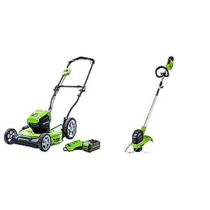 Greenworks 40V 19" Brushless Lawn Mower, String Trimmer, 5.0Ah USB Battery and Charger Included