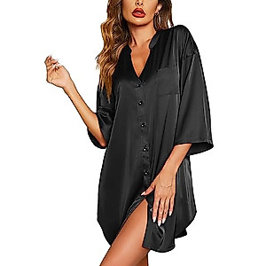Ekouaer Satin Nightgown for Women Silk Pajamas Button Down Night Shirts Sleepwear Lingerie Nightwear