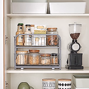 SONGMICS Pull Out Cabinet Organizer, 2-Tier Sliding Cabinet Organizer, Stackable Under Sink Cabinet Organizer with Storage Basket Drawers, for Kitchen, Bathroom, Silver UKCS017E01