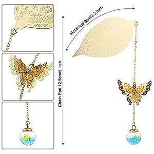 2 Pieces Metal Feather Bookmark Metal Leaf Bookmark with 3D Butterfly, Glass Dry Flower Beads Pendant and Box for Reader Students Friends