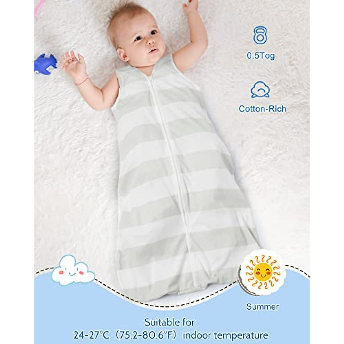 Lictin Baby Sleep Sacks-3 Packs Cotton Baby Wearable Blanket 0.5 TOG,Unisex Sleepsack with Adjustable Length 18-36 Months, Baby Sleeping Bag with 2-Way Safe Zipper for Infant Toddler Boy or Girl