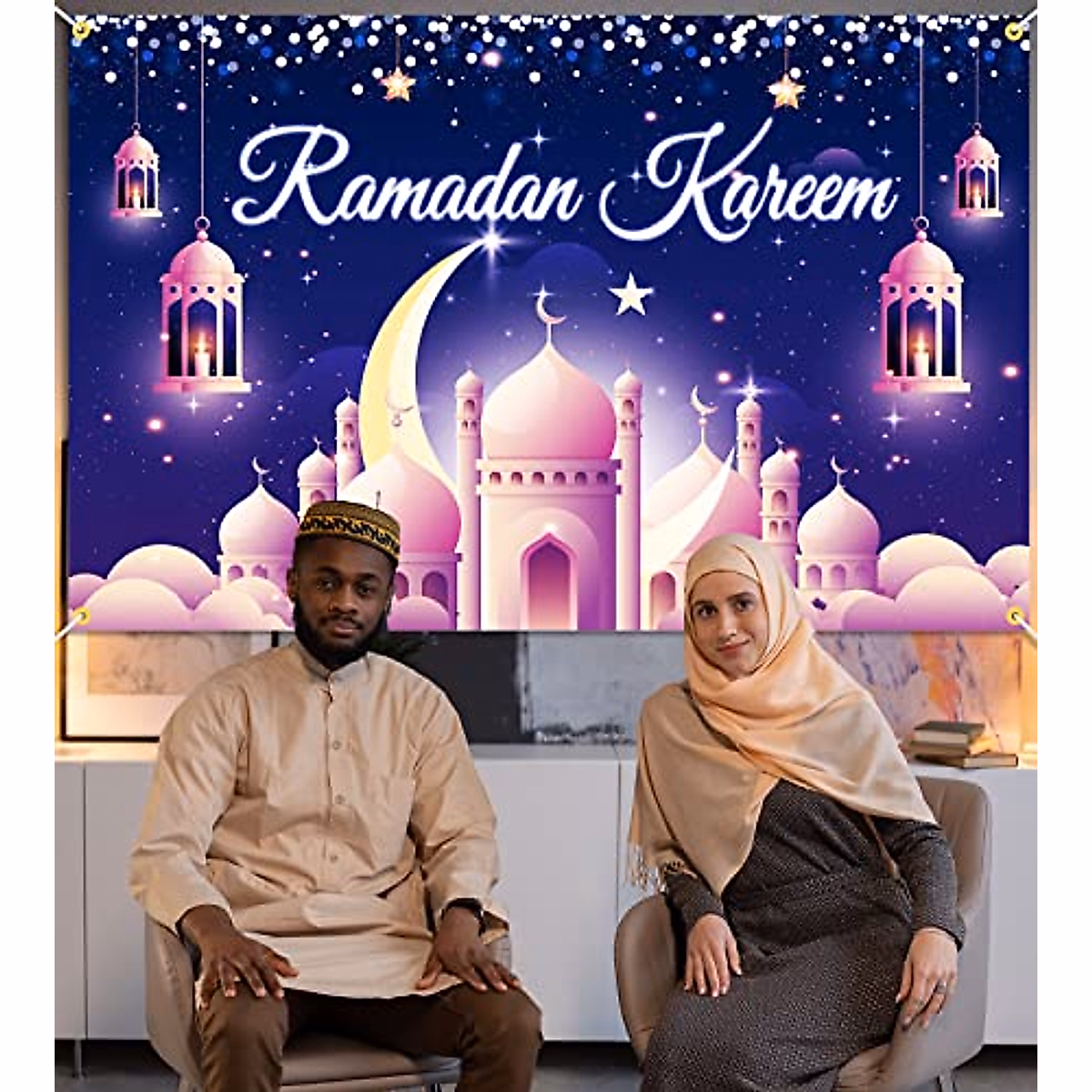 JKQ Ramadan Kareem Backdrop Banner 71 x 43 Inch Muslim Ramadan Background Banner Lantern Moon Castle Islamic Eid Mubarak Festival Party Decorations Ramadan Mubarak Indoor Outdoor Photo Booth Props