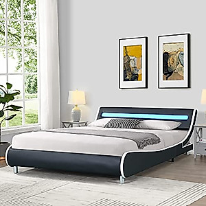 Queen Size Faux Leather Upholstered Platform Bed Frame with LED Lighting, Curve Design, Wood Slat Support, No Box Spring Required, Simple Assembly for Boys Girls Teenagers and Adults, Black+White