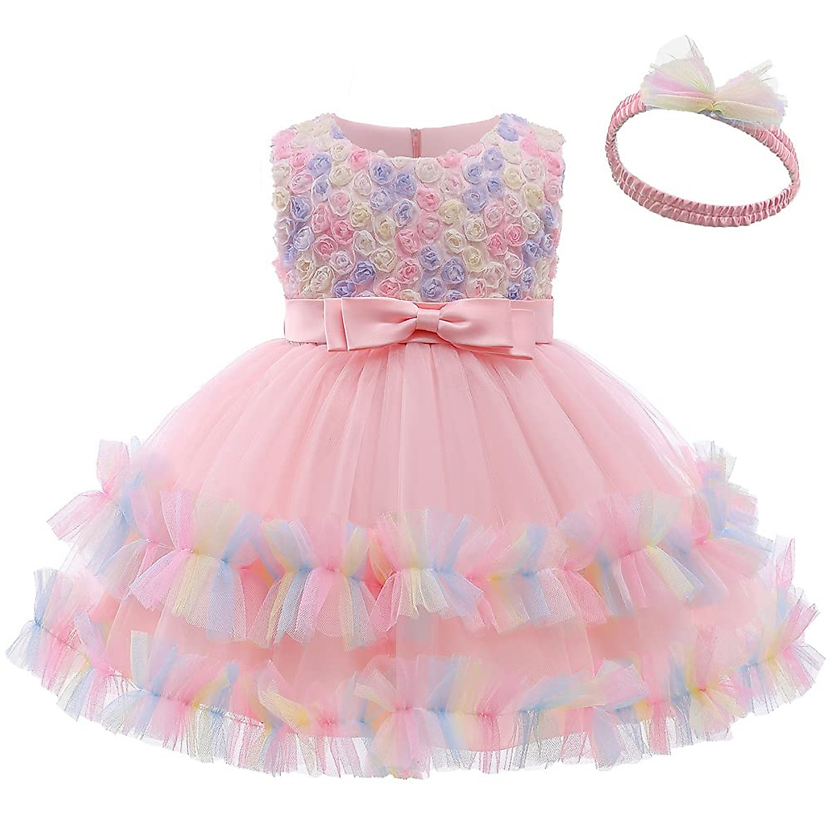 AVAZU 3M-6T 3D Colorful Flower Toddler Baby Girls Wedding Pageant Layered Dresses Wedding Birthday Party Tutu Gown with Headwear Light Pink 110