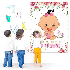 Faccito Pin The Pacifier Baby Shower Games Baby Shower Decoration Include Baby Poster 24 Pacifier Stickers Blindfold Floral Pin Pacifier on Baby Game for Baby Shower Birthday Party Supplies(Pink)