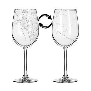 16 oz Tall Stemmed Wine Glass for Red or White Wine Wrap Around City Map San Diego, CA California