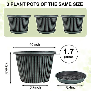 Myfeegoin Planter-Pots-for-Plants-Indoor-Outdoor, 3 Pack 10 Inch Plastic Flower Pots with Saucer & Drainage Holes, Modern Garden Planters for Planting Medium Large Plants，Decorative Resin Garden Pots