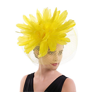 Lucky Leaf Girl Lady Hat Headwear Organza Church Feather Clip Fascinators Hat Wedding Party Kentucky Derby Cap for Women (Large Feather Yellow), Medium