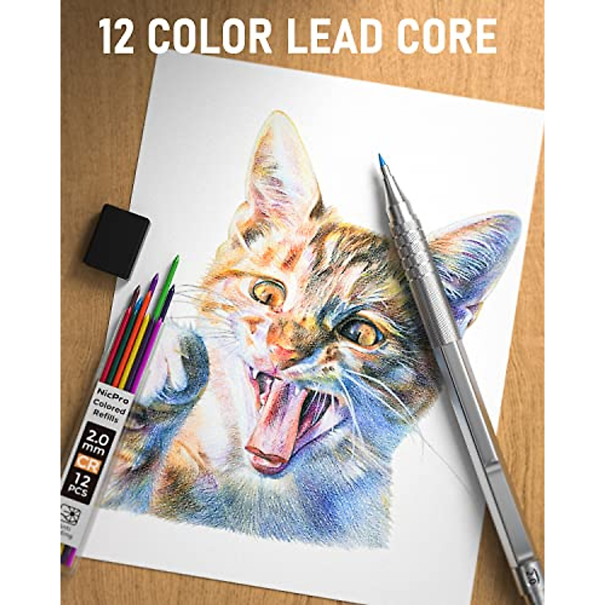 Nicpro 20PCS Metal Mechanical Pencil Set in Leather Case, 0.3, 0.5, 0.7, 0.9 mm & 2mm Lead Pencil Holders, 9 Tube (4B 2B HB 2H) Lead Refills(Black & Colors), Erasers For Art Drafting Sketching Drawing