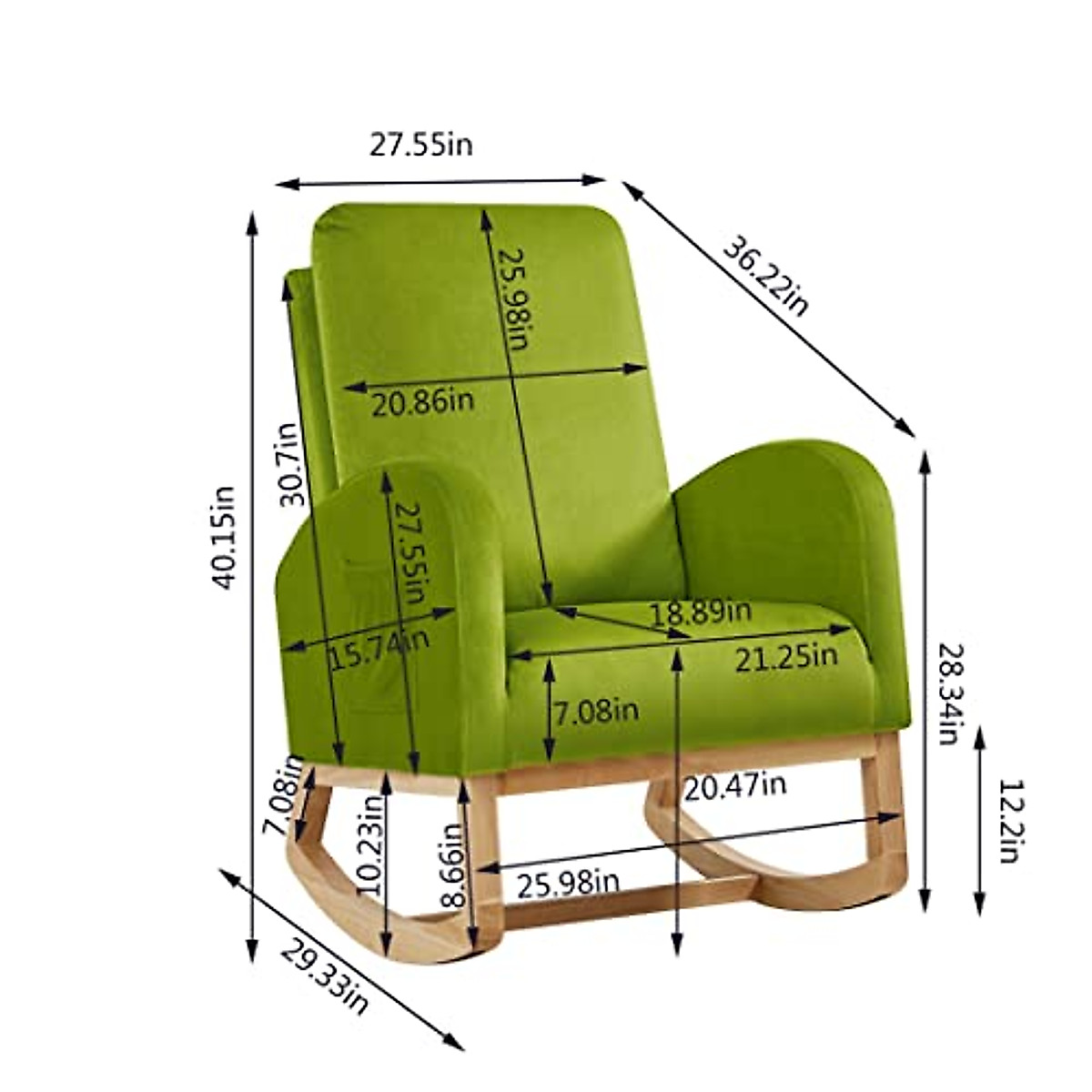 Setawix Rocking Chair for Nursery, Midcentury Modern Accent Rocker Armchair with Side Pocket, Upholstered High Back Wooden Rocking Chair for Living Room Baby Room Bedroom (Green - Velvet)