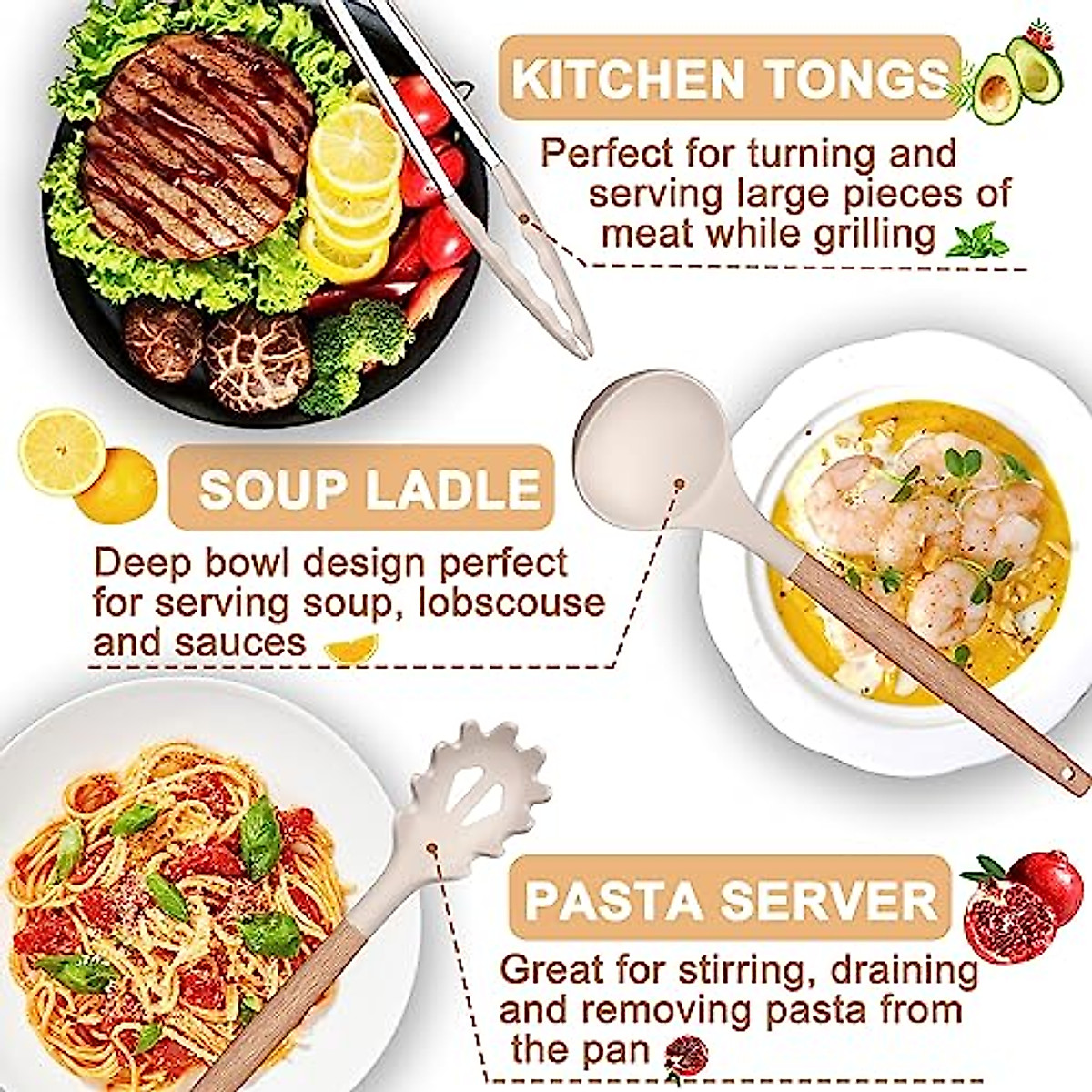 28 Pcs Silicone Cooking Utensils Kitchen Utensil Set - 446°F Heat Resistant, Turner Tongs, Spatula, Spoon, Brush, Whisk, Wooden Handle, Kitchen Gadgets with Holder for Nonstick Cookware (Khaki)