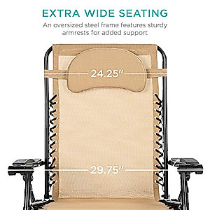 Best Choice Products Oversized Zero Gravity Chair, Folding Outdoor Patio Lounge Recliner w/Cup Holder Accessory Tray and Removable Pillow - Tan