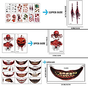 26pcs Halloween Face Big Mouth Fake Tattoos for Adults, Scary Prank Makeup Joker Temporary Tattoo Kit Women, Halloween Horror Clown Fake Face Stickers Kids (Big Face)