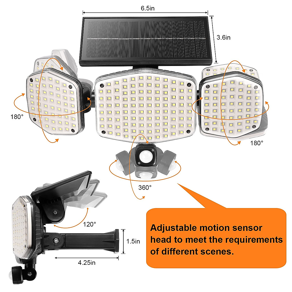 Solar Lights Outdoor 216LED Solar Flood Powered Security Lights with Motion Sensor,3 Head Adjustable 360° IP65+ Waterproof Spotlights Lights For Wall Deck Shed Yard Patio Garden Lighting 1200LM