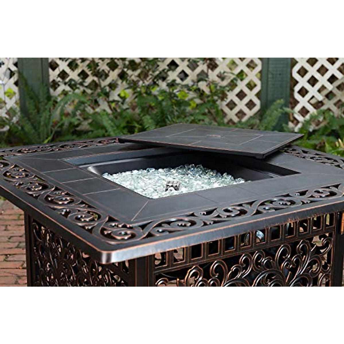 Fire Sense 62527 Sedona Aluminum Convertible Gas Fire Pit Table 55,000 BTU Outdoor Multi-Functional Fire Pit with Fire Bowl Lid, Nylon Weather Cover & Clear Fire Glass - Bronze Finish - Square
