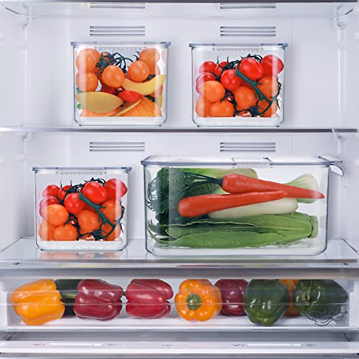 6 Pieces Fruit and Veggie Storage Containers for Fridge with Lids and Removable Drain Tray Produce Saver Food Storage Containers for Refrigerator to Keep Fruits, Vegetables, Meat, Fish Fresh and Dry