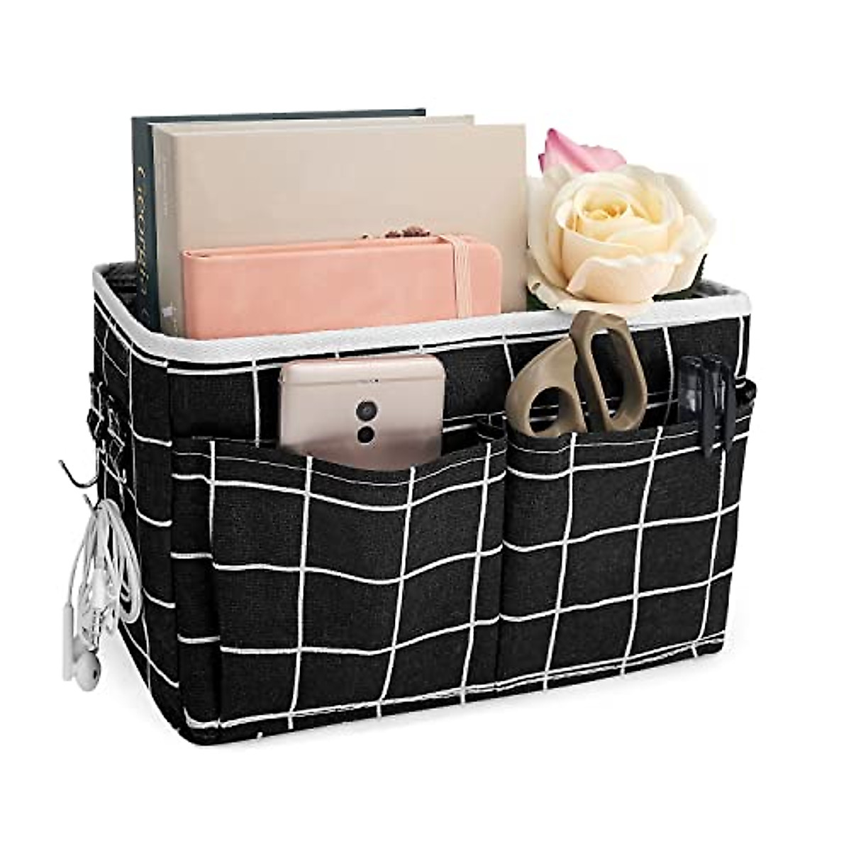 Ndeno Bedside Caddy Storage Bag Hanging Pocket Organizer for Bunk and Hospital Beds Crib,Dorm Rooms Bed Rails for Remotes Mobile Phone Keys, Glasses, Books (Black Plaid)