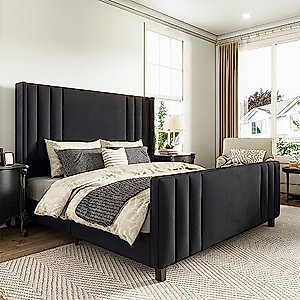 AMERLIFE King Size Bed Frame, Velvet Upholstered Platform Bed with Vertical Channel Tufted Headboard & Footboard/Wingback, Mattress Foundation with Wood Slats, No Box Spring Needed, Black