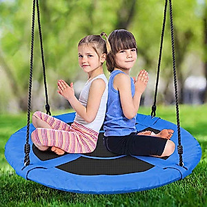 Odoland 40 inch Kids Saucer Tree Swing, Large Outdoor Chidren Round Rope Swing Installed on Tree and Backyard, 900D Waterproof Oxford Flying Saucer Platform Swing Great for 3 Kids or 1 Adult Blue