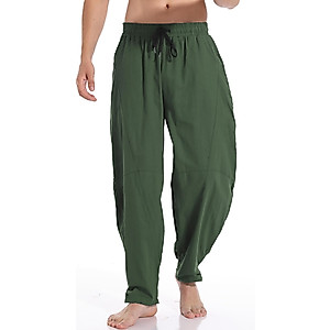 AITFINEISM Mens Cotton Linen Pants Elastic Drawstring Waist Lightweight Summer Beach Pants (32-34, Dark Green)