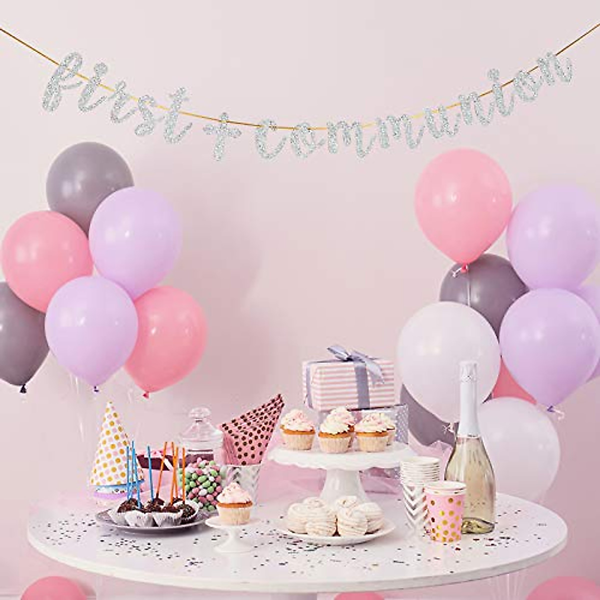 AonBon Silver First Communion Banner, Baptism/Christening/Confirmation/Baby Shower/Birthday/Communion Party Decoration