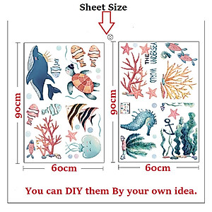 Amaonm Giant Removable 3D DIY Under The Sea World Wall Decals Ocean Animals Wall Stickers Ocean Fish Seahorse Coral Turtle Wall Decor for Girls Bedroom Kids Bathroom Home Walls Living Room Decoration