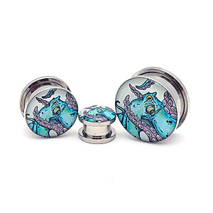 Mystic Metals Body Jewelry Screw on Octopus Style 2 Picture Plugs - Sold As a Pair (0g (8mm))