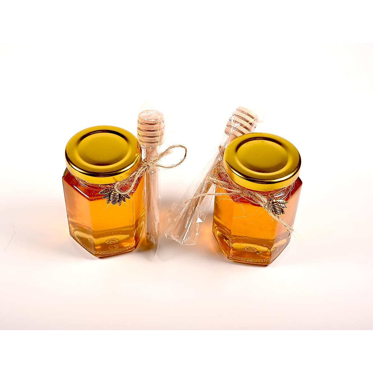 Adabocute 4oz Hexagonal Honey Jars - Glass Honey Jars with Gold Lids, Wooden Dippers, Bee Charms and Jutes - Hexagon Honey Jars for Baby Shower, Wedding and Party Favors, 12 Pack