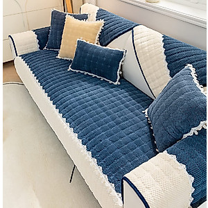 vctops Soft Corduroy Sofa Couch Cover, Plaid Sectional Couch Covers, Non-Slip Sofa Slipcover for Dogs Cats Kids(Navy,36"x47")