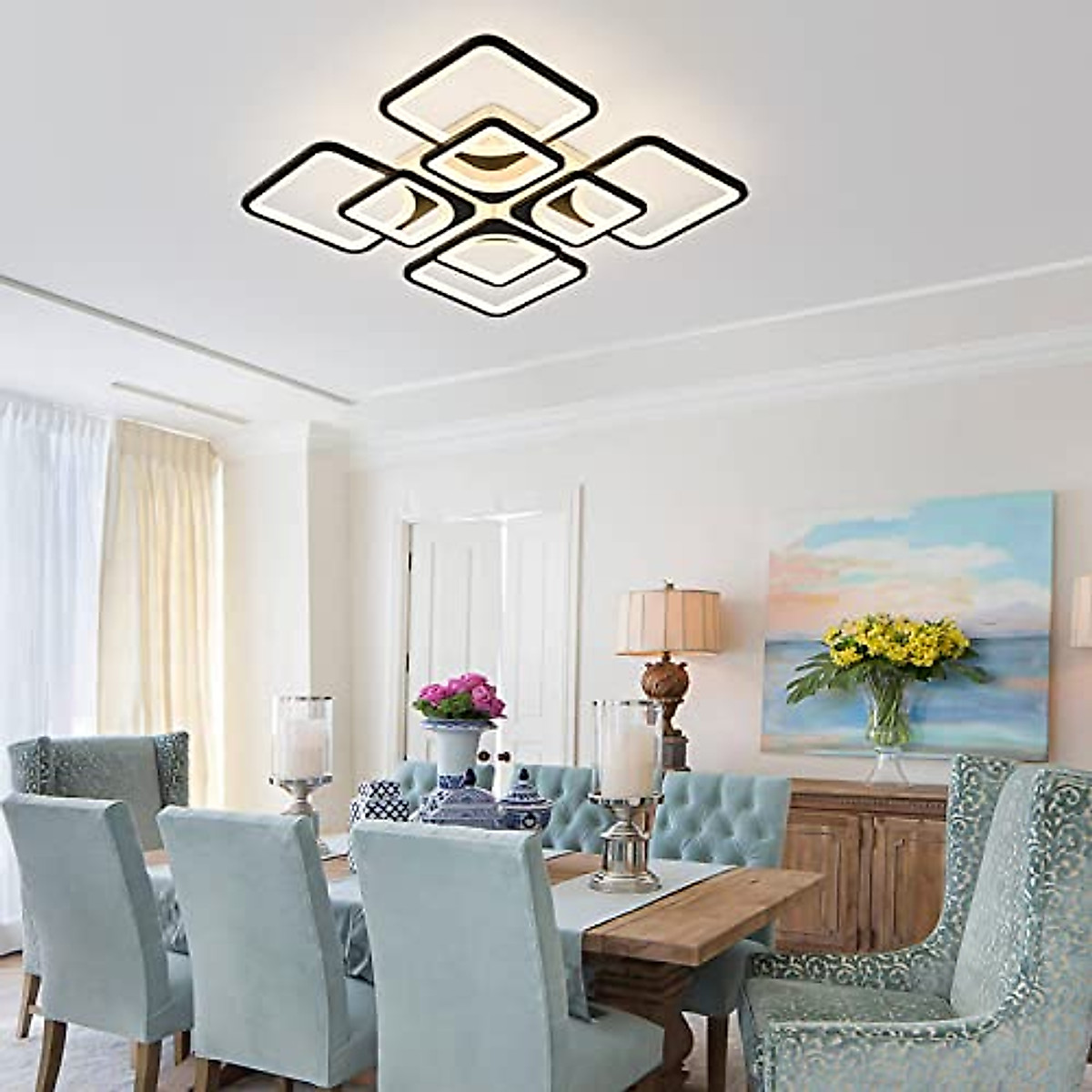 Siittoo Modern Ceiling Light Fixture, Dimmable LED Flush Mount Ceiling Chandelier Lighting with Remote, 8-Rectangle Acrylic Ceiling Lamp Fixture for Living Dining Room Bedroom (96W,Black,White)
