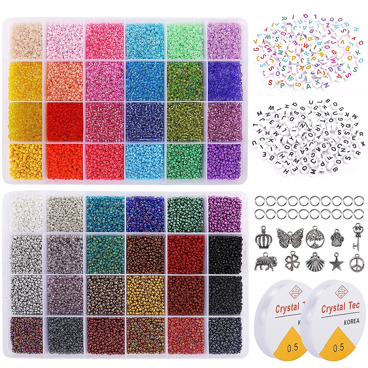 Quefe 38000pcs 2mm 12/0 Glass Seed Beads Kit for Jewelry Making ,48 Colors Bracelet Beads with Letter Beads Bulk, Neutral Gold Colors Waist Beads for DIY Craft Making Supplies