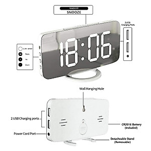 Miowachi Digital Alarm Clock,Large Mirrored LED Clock,Snooze,Dim Night Light 2 USB Charger Ports Desk Alarm Clocks for Bedroom Decor (White)