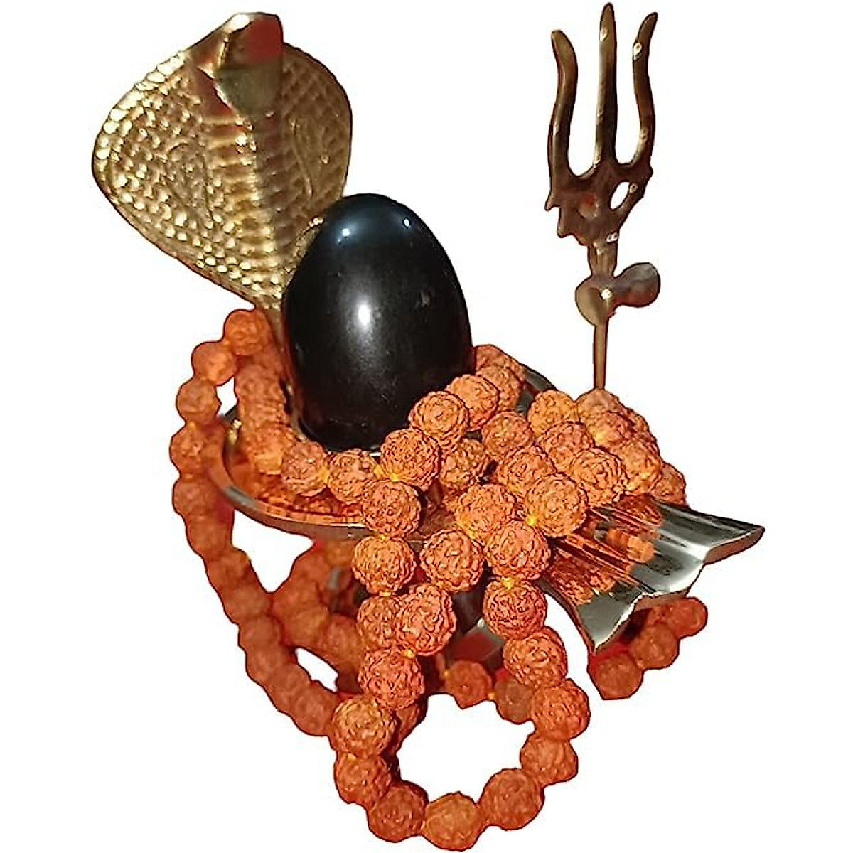 Shaligram Shiva Ling Lingam Shivling Naaga Brass Stand 4.7 Inches Approx Tirshul 4 inch Rudraksha mala 108 Beads 6mm