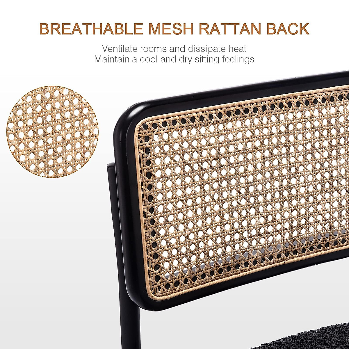 Zesthouse Natural Rattan Dining Chairs Set of 2, Modern Kitchen Chairs with Solid Wood Back for Dining Room Living Room, Mid Century Breuer Design Inspired, Upholstered Boule Fabric, Black