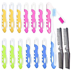 12 PCS Folding Travel Toothbrush Foldable Portable Soft Bristle Toothbrush Travel Toiletries Toothbrush Soft Manual Toothbrush for Sensitive Gums with 2 PCS Travel Folding Hair Brush Comb