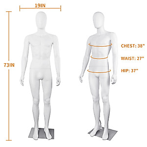 Male Dress Form Mannequin Full Body Adjustable Model Maniquin Stand Realistic Display Maniquine Head Metal Base for Clothing Shops, White Matte 73 inch