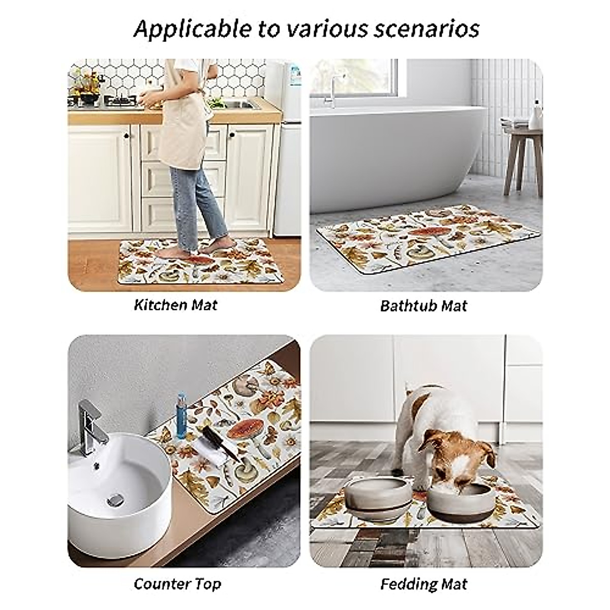 Gogobebe Super Absorbent Diatom Mud Mat Fall Thanksgiving Mushroom Retro Rustic Floral Botanical Leaves Quick-Drying Thin Bath Mat Non-Slip Bathtub Mat Anti-Skid Rubber Bathroom Shower Mat 16x24in