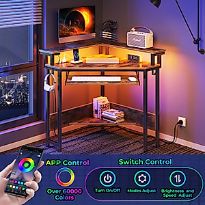 Rolanstar Corner Desk, 44.5" W x 34.5" H Small Computer Desk with Power Outlets, Gaming Desk with LED Lights, Triangle Corner Desk with Keyboard Tray & Monitor Stand for Small Space, Rustic Brown