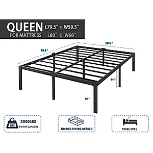 AROMUSTIME 16 Inch Standard Metal Platform Bed Frame / 3,000 lbs Heavy Duty Steel Slat Easy Assembly Mattress Foundation/Noise Free/Box Spring Replacement, Queen