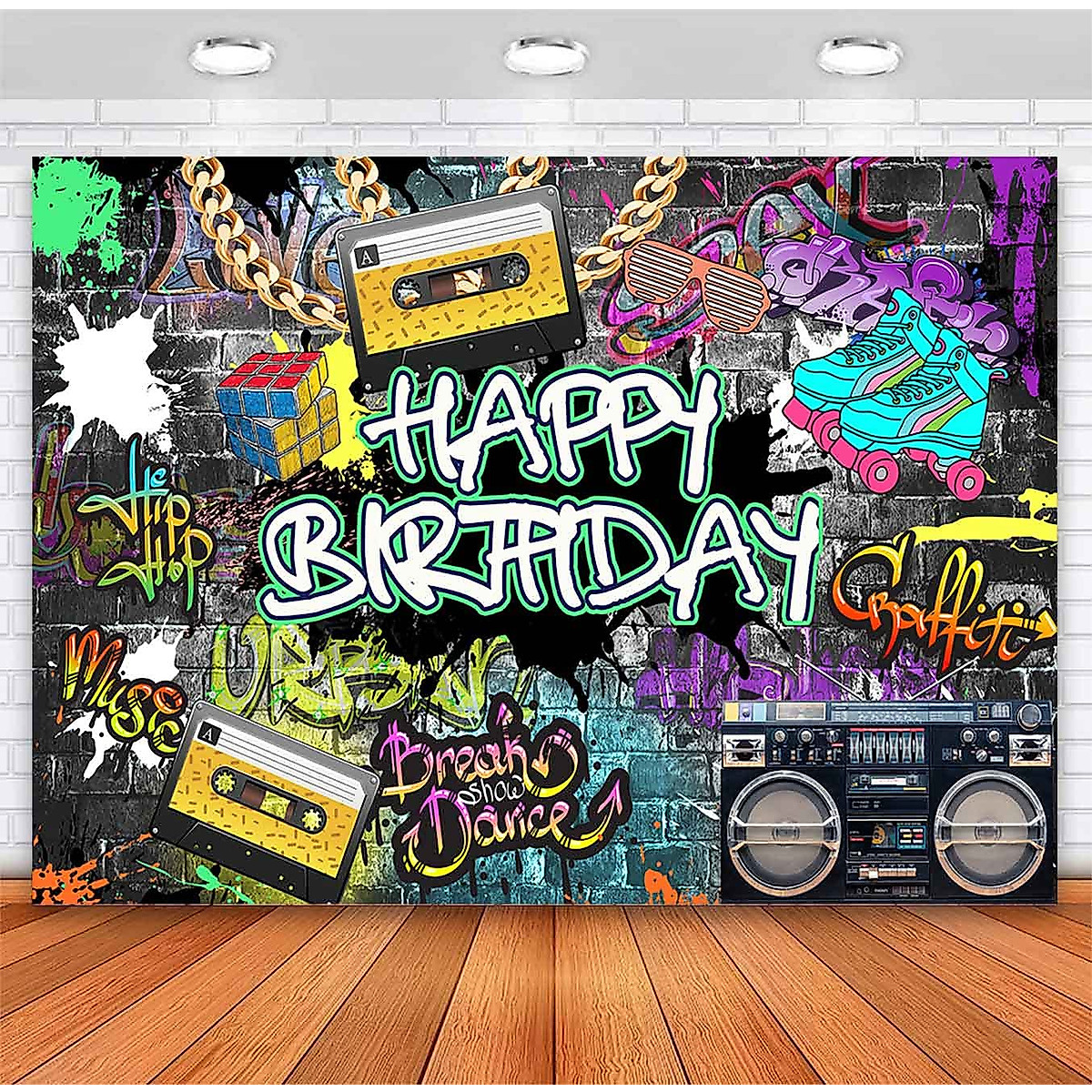 Sensfun Graffiti 80's 90's Birthday Backdrop Urban Retro Hip Hop Birthday Party Background Gold Chain Glasses Cartridge Tape Recorder Disc Rock Birthday Decoration Banner Photo Booth Props 7x5ft